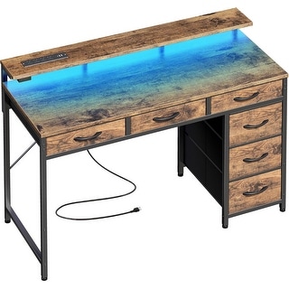 39 Inch Rustic Brown Gaming Desk with LED Lights, Power Outlets, and 6 ...