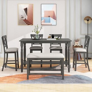 6-Piece Counter Height Dining Set with Rectangular Dining Table w/Shelf ...