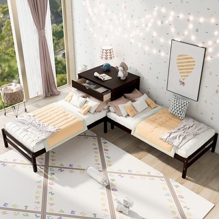 L-Shaped Twin Size Platform Beds with Drawer Linked with Built-in ...