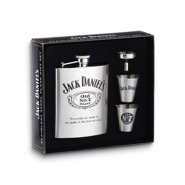Jack Daniels Stainless Steel 6 Ounce Flask Gift Set with 2 Shot Glasses ...