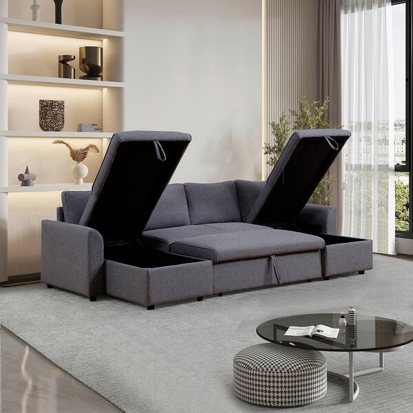 Dark Gray Upholstered U-Shape Sleeper Sectional Sofa with Pull-Out Bed and Double Storage Chaise ...