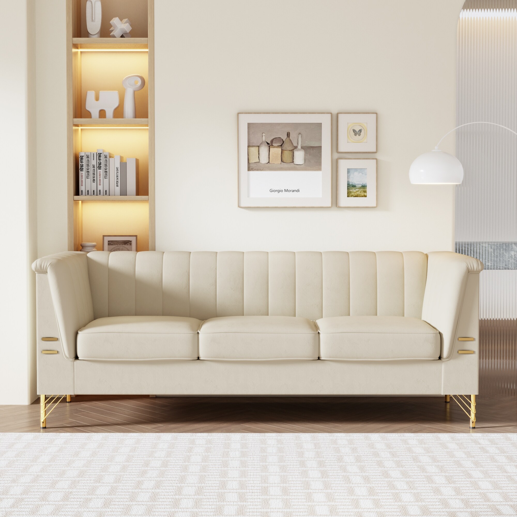 Beige Velvet 3 Seat Sofa with Pull Point Decoration Made of High Rebound Sponge Cushion for Durability Bed Bath Beyond 40680410