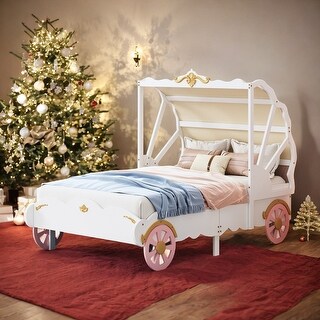 White+Pink Twin Size Platform Car Bed Princess Carriage Bed with Canopy ...
