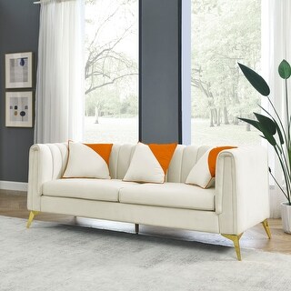 Beige Velvet Upholstered Contemporary Sofa with Deep Channel Tufting ...