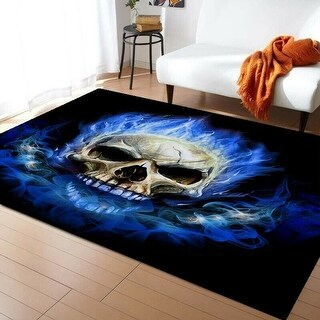 Blue Fire Flame Skull Area Rugs Carpets Non-Slip 3' x 4' Black - 3' x 5 ...