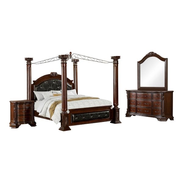 Cane Traditional Cherry Wood Upholstered Tufted 4-Piece Canopy Bedroom ...
