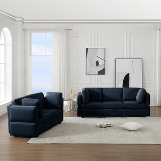 Blue Modular Sofa Set with Storage, Loveseat + 3 Seat Straight Row Sofa ...