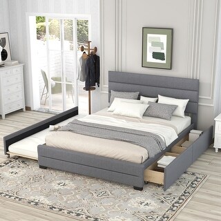 Queen Upholstered Platform Bed Pull out Wooden Slat Frame Bed with ...