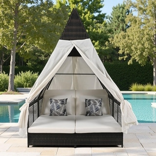 Outdoor Patio Rattan Daybed Sunbed with Triangle Tent, Adjustable ...