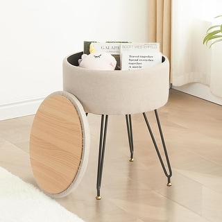 Vanity Stool, Linen Make Up Stool with Large Storage,Beige - Beige ...