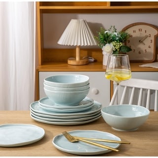 Ceramic Dinnerware Sets of 4,Porcelain Plates and Bowls Sets with Wavy ...