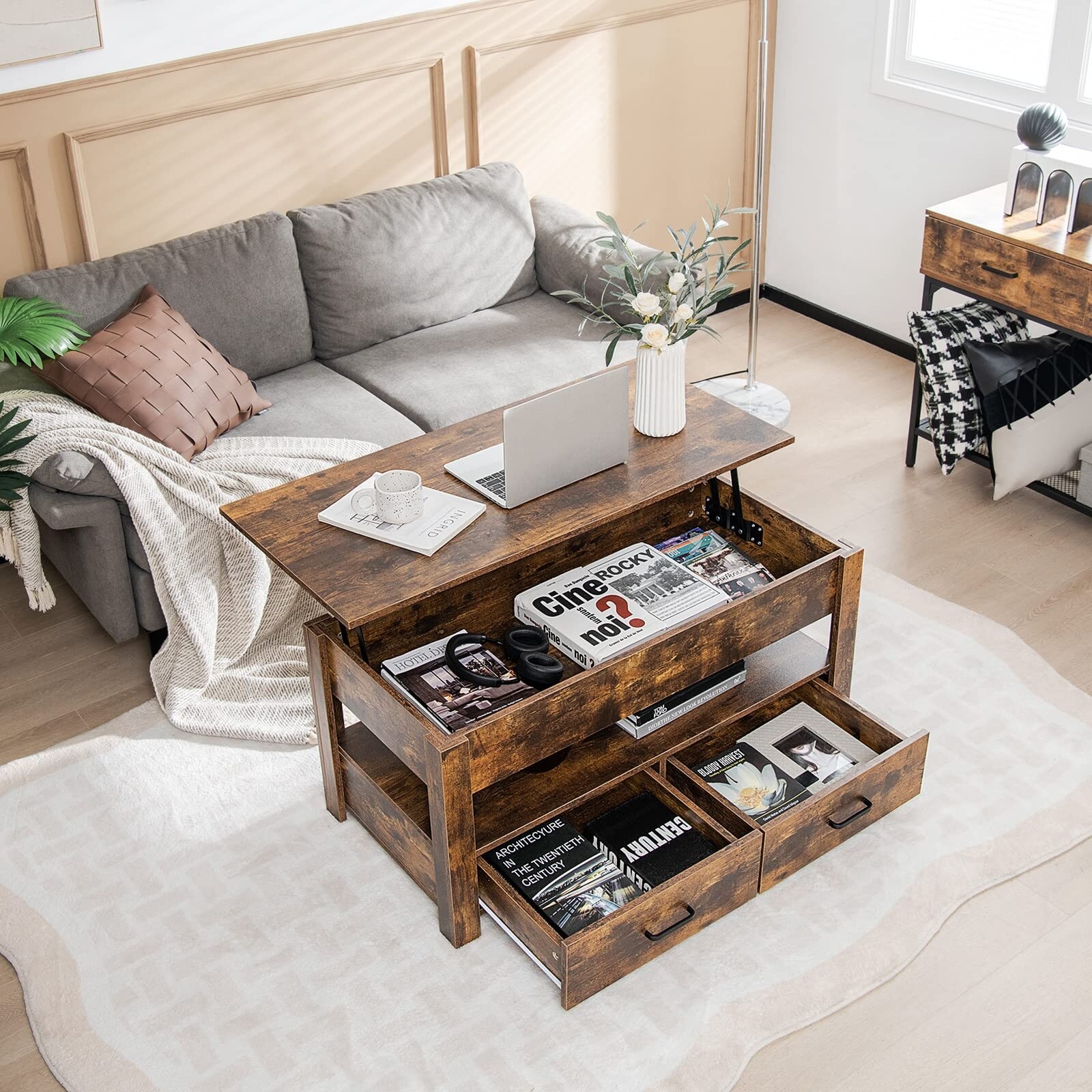 Lift Top Coffee Table Industrial Accent Table with Enclosed Compartment Storage Shelf 2 Drawers Multipurpose Center Table Bed Bath Beyond 37779288