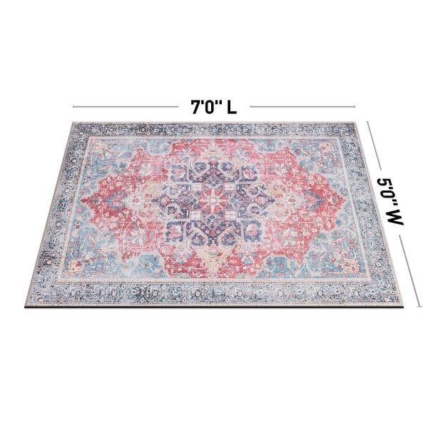 Traditional Distressed Vintage Machine Washbale Multi Area Rug - Bed ...