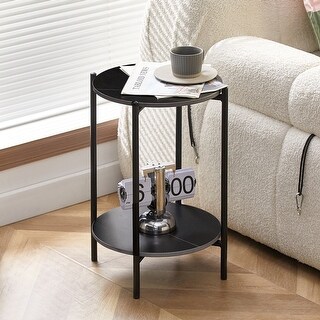 2-layer Round End Table with Whole Marble Tabletop and Metal Frame ...