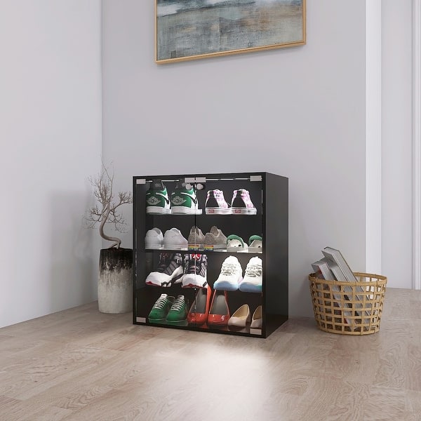 4 Layers Black Shoe Cabinet with Glass Door and Glass Layer Shoes ...