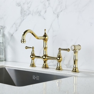 Bridge Dual Handles Kitchen Faucet With Pull-Out Side Spray in - Bed ...