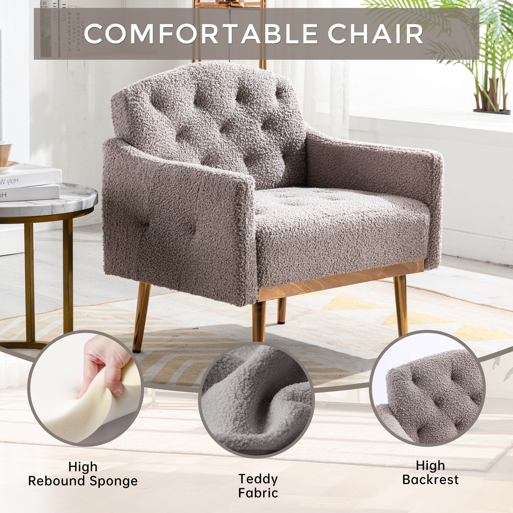 Grey Teddy Modern 25.29 Upholstered Buttons Tufted Accent Chair with Gold Metal Legs Bed Bath Beyond 41923147