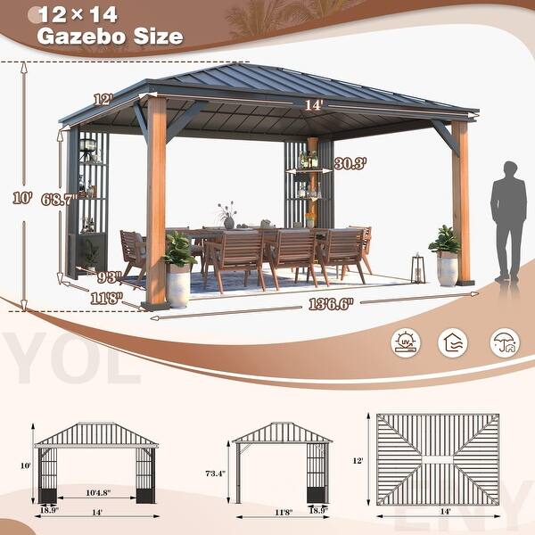 EROMMY 12' x 14' Hardtop Gazebo Faux Wood Grain Metal Gazebo with ...