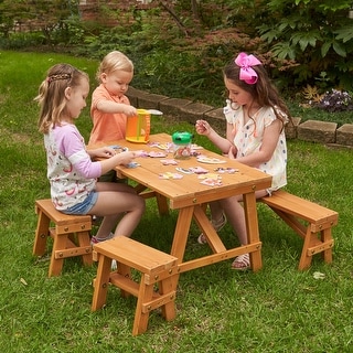 Wooden Outdoor Picnic Table with Three Benches, Kids Patio Furniture ...