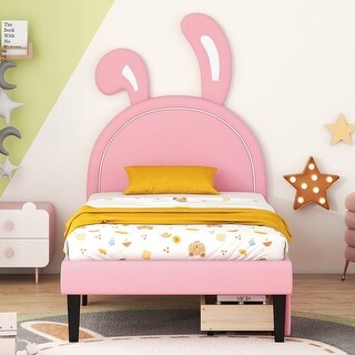 Twin Size Upholstered Leather Platform Bed with Rabbit Ornament and 2 ...