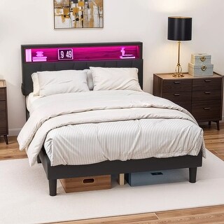 Full Size Wooden LED Bed Frame Hidden Headboard Storage Power Outlets ...