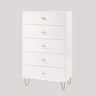 Cid 46 Inch Modern Tall Dresser, 5 Drawers, Gold Handles, Legs, White ...
