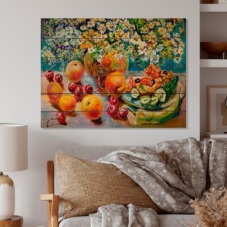 Designart 'Fruit And Flower Paint Still Life' Farmhouse Wood Wall Art ...