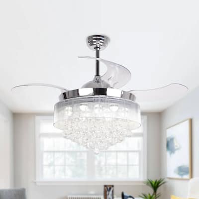 46-in Modern 4-Blade Chrome Retractable Crystal LED Ceiling Fan with ...