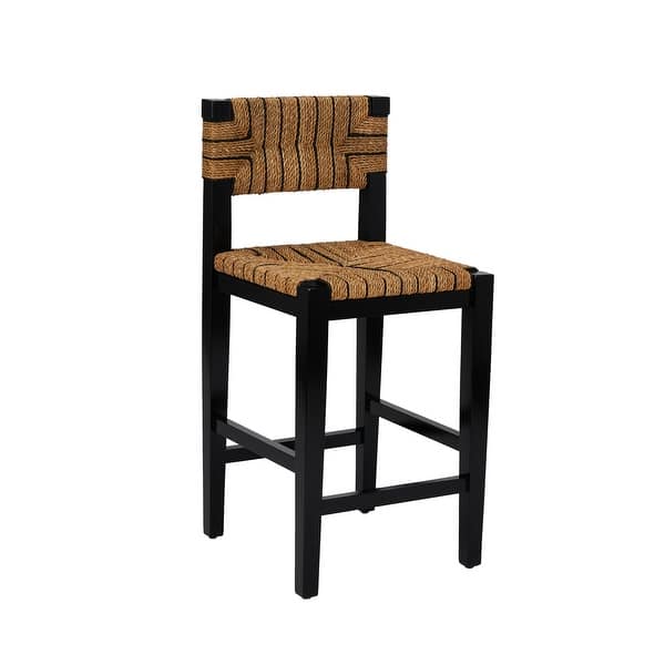 Wood and Seagrass Counter Height Bar Stool with Back Post - Bed Bath ...
