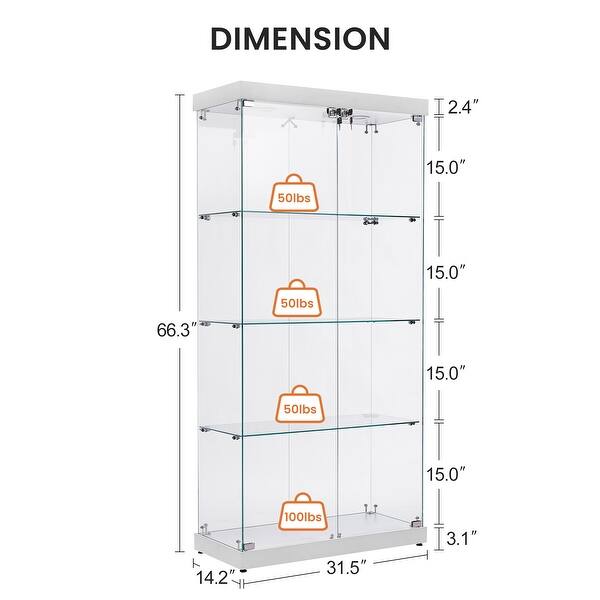 4-Tier Free-standing Glass Display Cabinet with Two Display Lights ...