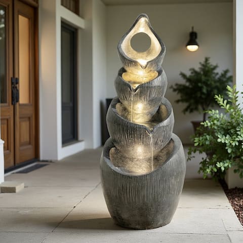 Glitzhome 20.5"H 4-Tierd Lighted Peacock Stacked Stones Polyresin ...