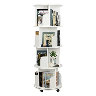 4 Tier Rotating Bookshelf with Wheel Wood 360° Floor Standing Bookcase ...