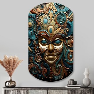 Designart - Gold Teal Mexico Vibrant Aztec Mask II - Mexico Wall Clocks ...