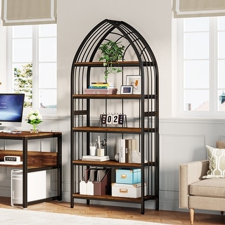 5-Tier Bookshelf Bookcase with Bow Top Design Open Display Storage ...