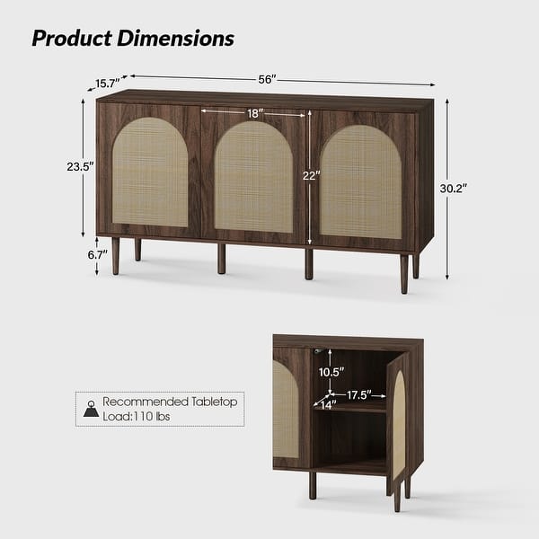 Ulysses Farmhouse 56"W Storage 3-Door Rattan Sideboard with Adjustable ...