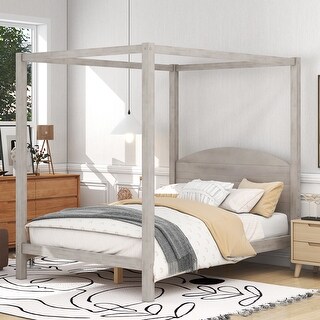 Full Size Modern Pine Wood Canopy Bed, Headboard, Support Legs, Sturdy ...