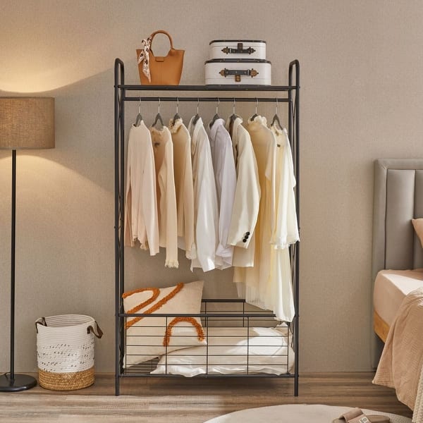 Freestanding Garment Rack Open-Style Wardrobe with Metal Basket - Bed ...