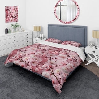 Designart "Pink Sakura Blossoms Floral I" Abstract Bedding Cover Set ...