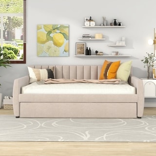 Beige Full Size Upholstered Daybed with Wood Slat Support Velvet Bunk ...