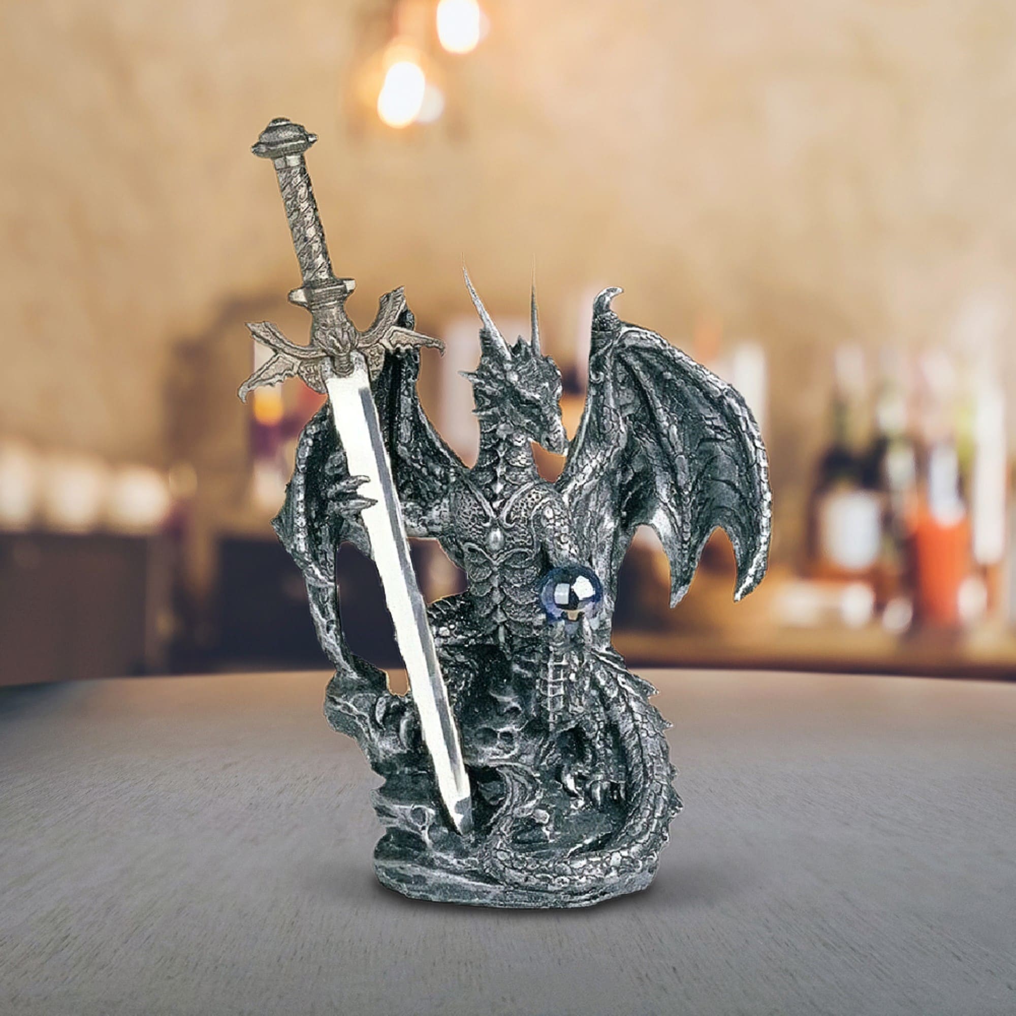 ICE ARMOR 5"H Medieval Silver Dragon Holding Blue Gemstone and Sword ...