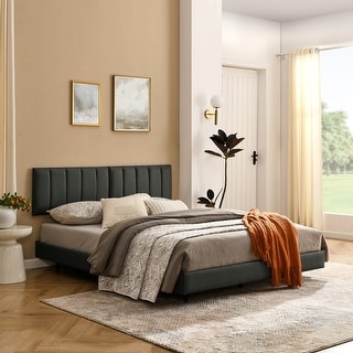 Leather Upholstered Queen Floating Bed Frame with Mounted Headboard ...