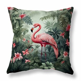 Green And Pink Tropical Flamingo Haven Indoor/Outdoor Throw Pillow ...