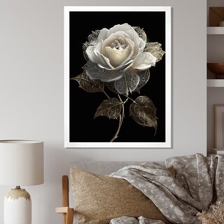 Designart "Retro White Rose Portrait On Black" Rose Framed Wall Art ...