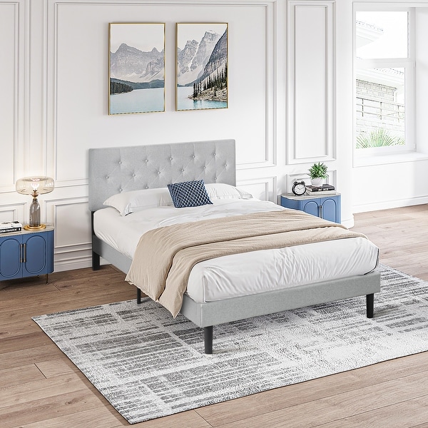 Light Grey Queen Size Upholstered Platform Bed Frame with Button Tufted Linen Fabric Headboard Light Grey