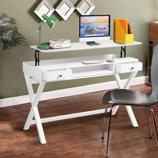 White Computer Desk with 2 Drawers, Height-Adjustable Table Top, and ...