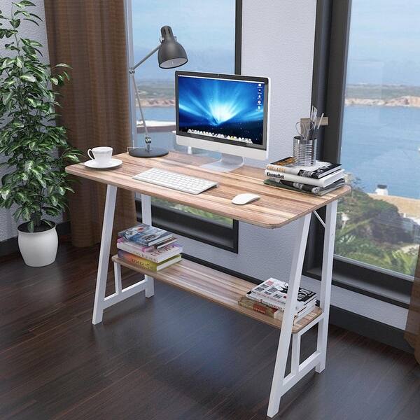 PC Study Laptop Table Computer Desk Metal Frame Lower Bookshelf Brown ...