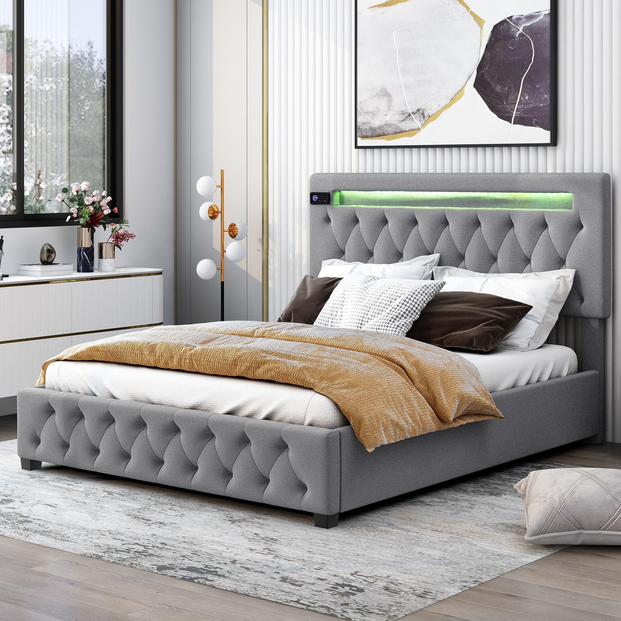 Queen Size Storage Upholstered Platform Bed Adjustable Headboard Featured with Bluetooth Audio LED Light and USB Charging On Sale Bed Bath Beyond 38363576