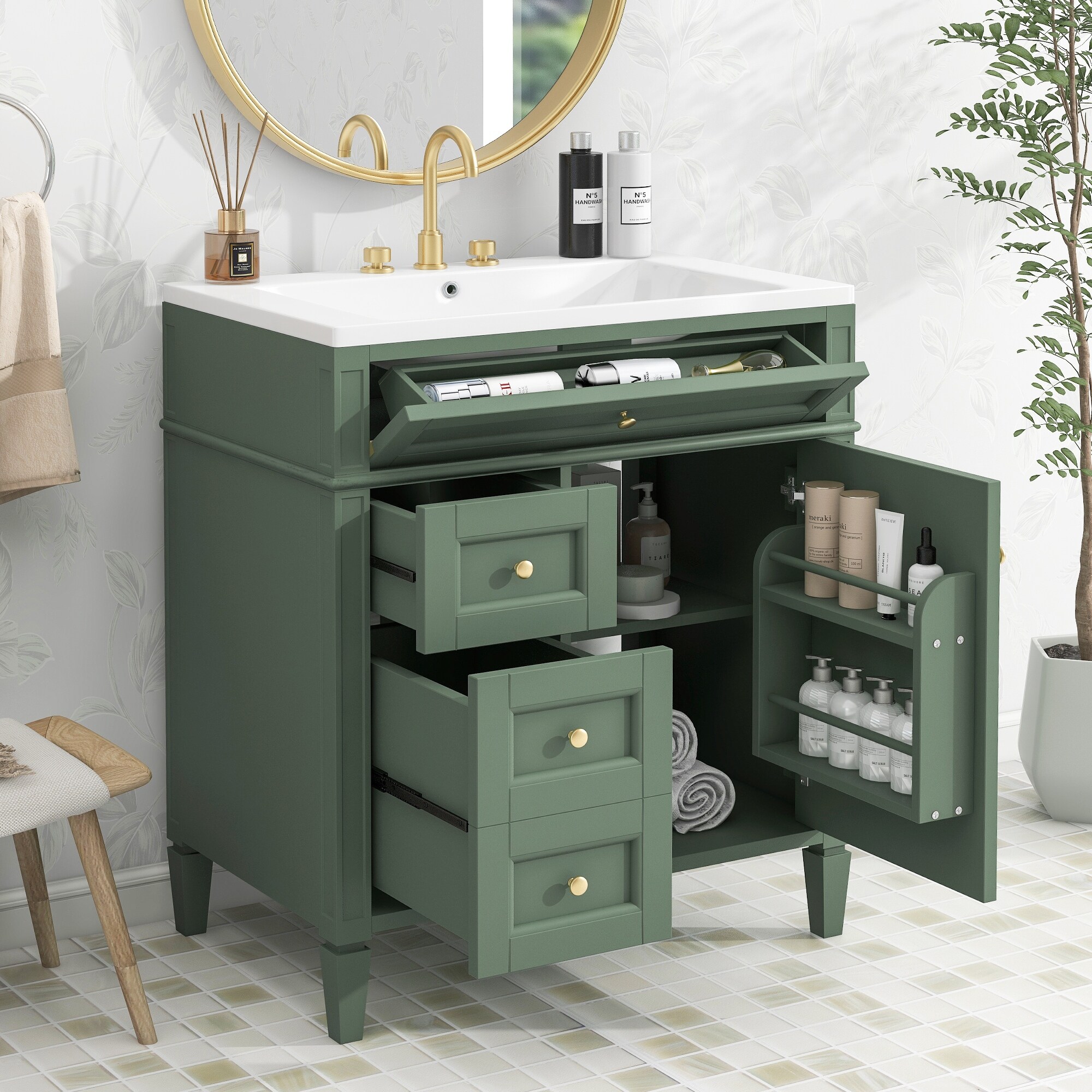 Green Bathroom Vanity with Sink Tip-out Drawer Floor Storage Cabinet ...