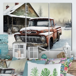 Designart "Old Truck At The Barn In Winter II" Barn Retro Car Canvas ...