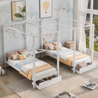 Double Shared Twin Size Open Frame Canopy Platform Beds with Built-in ...